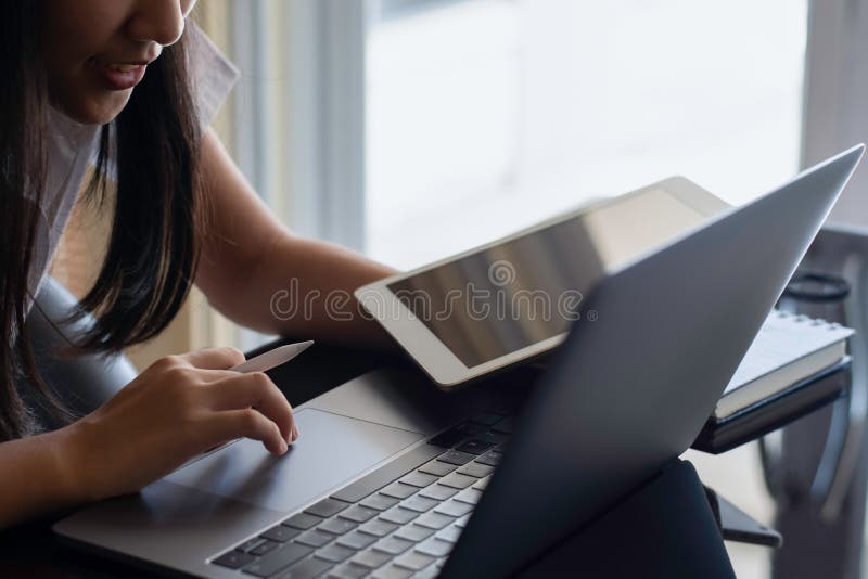 Student Working on Laptop Computer. Online Learning, Work at Home or ...