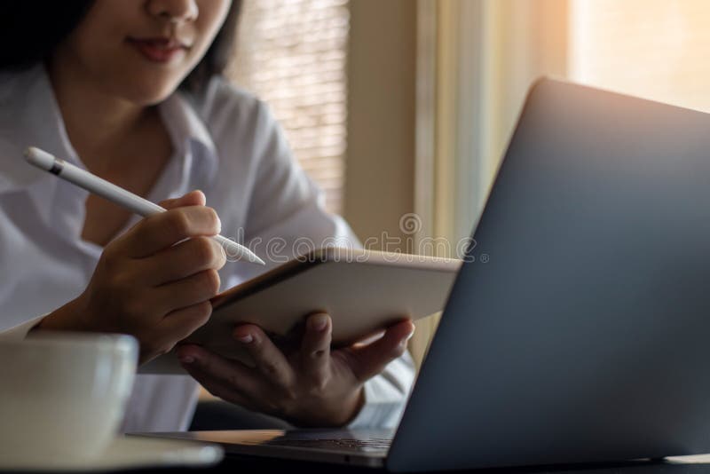Woman Read Book, Work Pn Laptop Computer at Home Online Learning ...