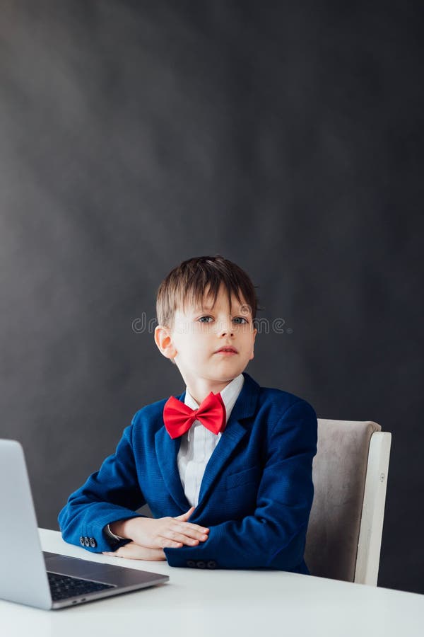 Online Learning Boy at the Computer in the Classroom Stock Image ...