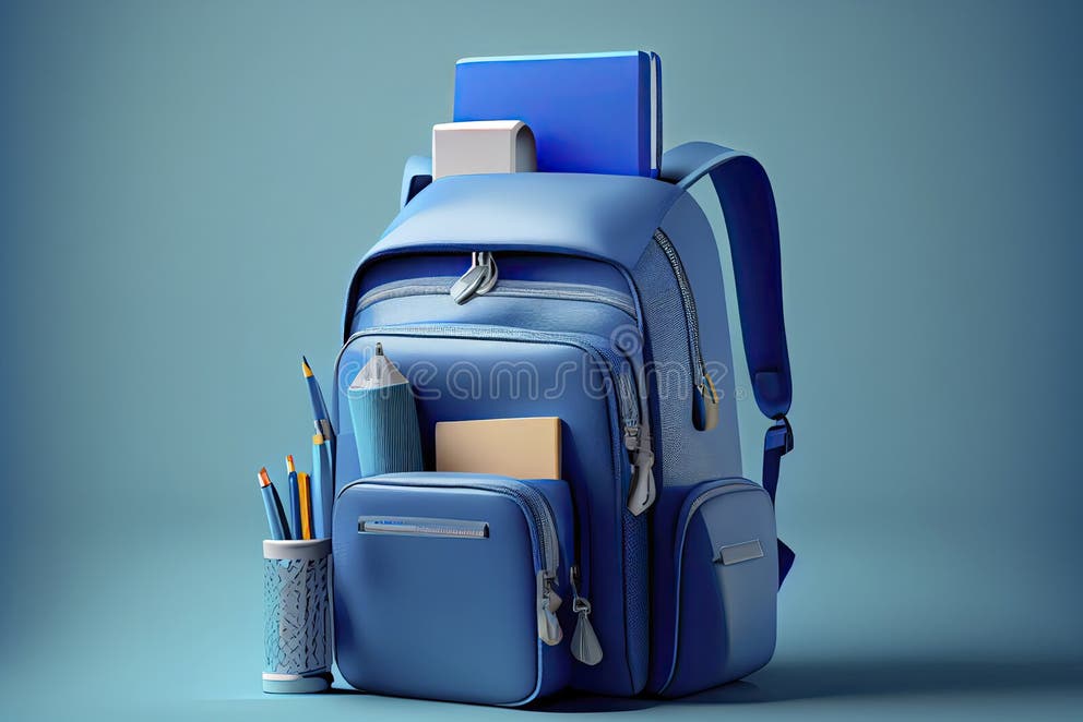 Online Learning Concept Blue Backpack with School Supplies 3d Render on ...