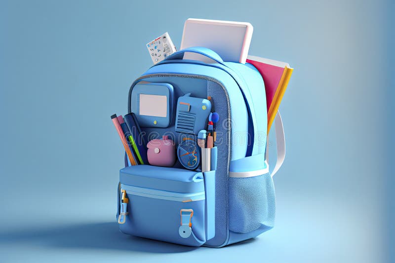 Online Learning Concept Blue Backpack with School Supplies 3d Render on ...