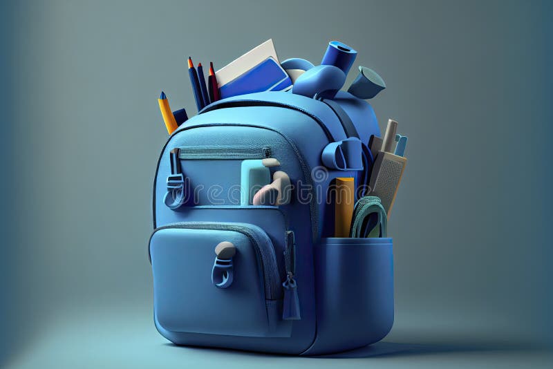 Online Learning Concept Blue Backpack with School Supplies 3d Render on ...