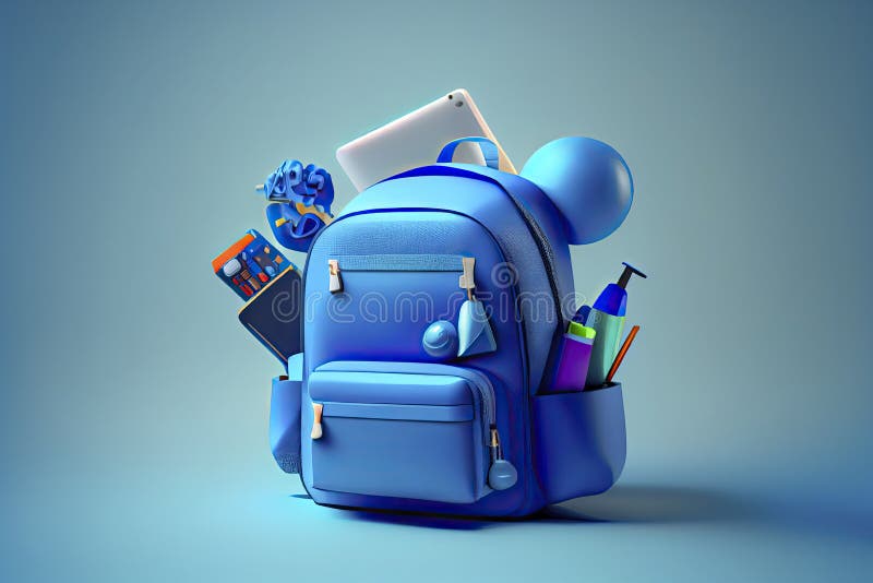 Online Learning Concept Blue Backpack with School Supplies 3d Render on ...