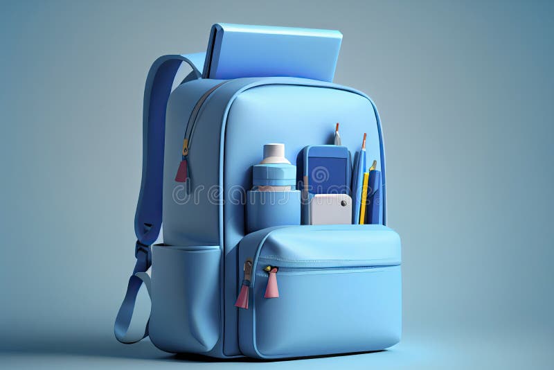 Online Learning Concept Blue Backpack with School Supplies 3d Render on ...