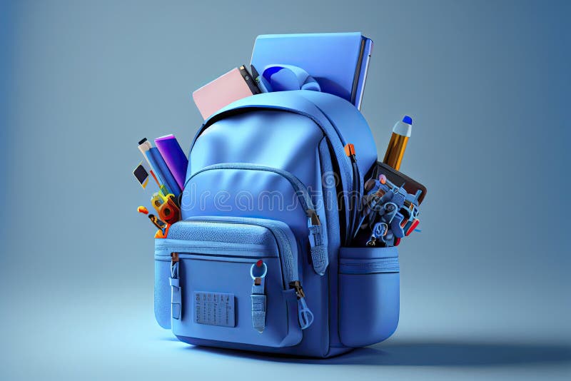 Online Learning Concept Blue Backpack with School Supplies 3d Render on ...