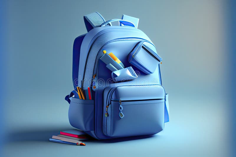 Online Learning Concept Blue Backpack with School Supplies 3d Render on ...