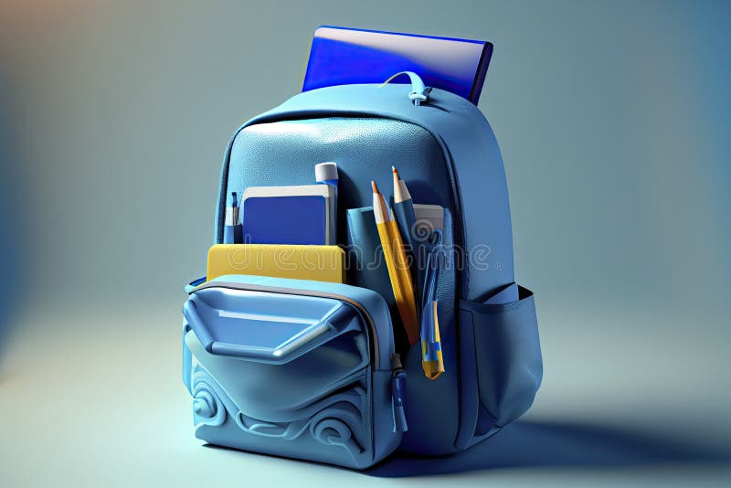 Online Learning Concept Blue Backpack with School Supplies 3d Render on ...