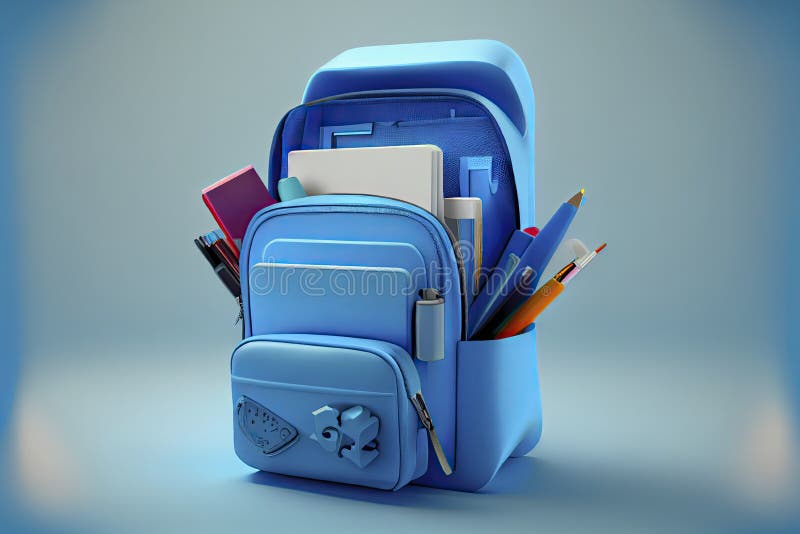Online Learning Concept Blue Backpack with School Supplies 3d Render on ...