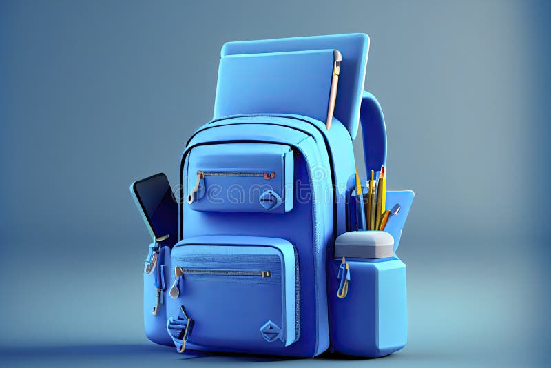 Online Learning Concept Blue Backpack with School Supplies 3d Render on ...