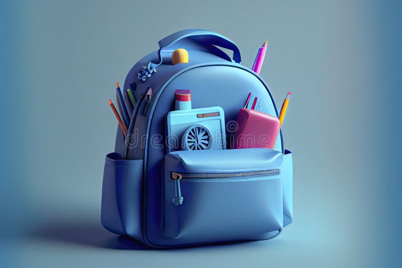 Online Learning Concept Blue Backpack with School Supplies 3d Render on ...