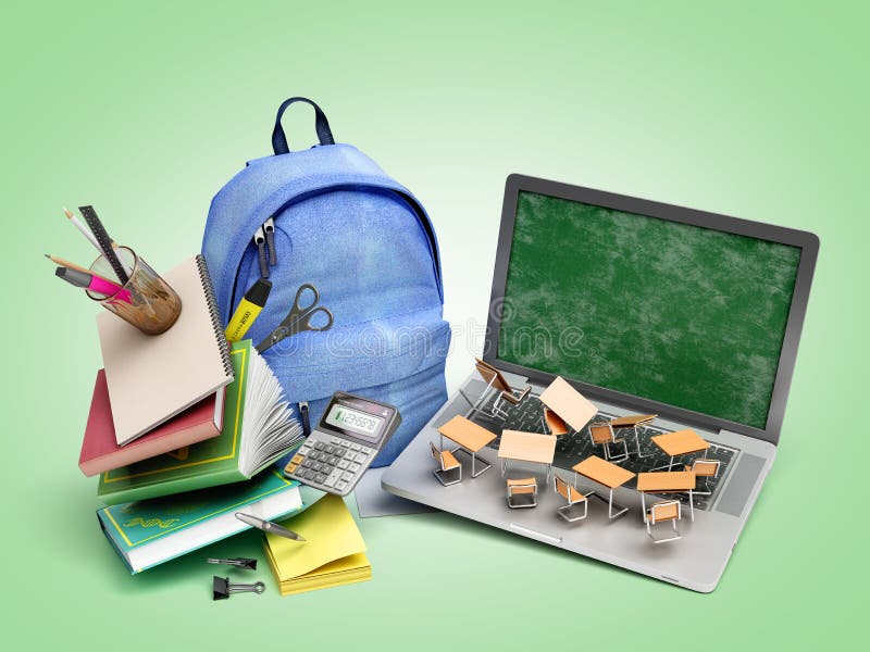 Online Learning Concept Blue Backpack with School Supplies and Laptop ...