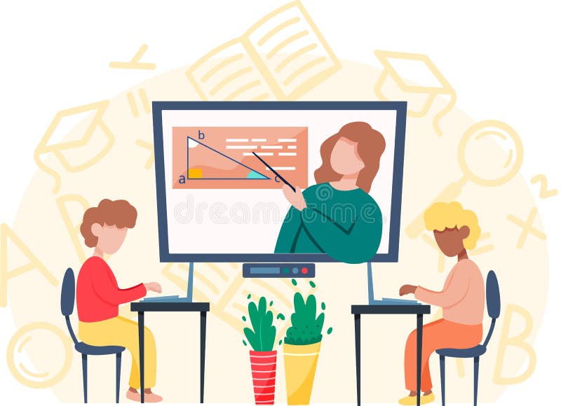 Online Learning Concept, Teacher of Math at Computer Screen and Pupil ...