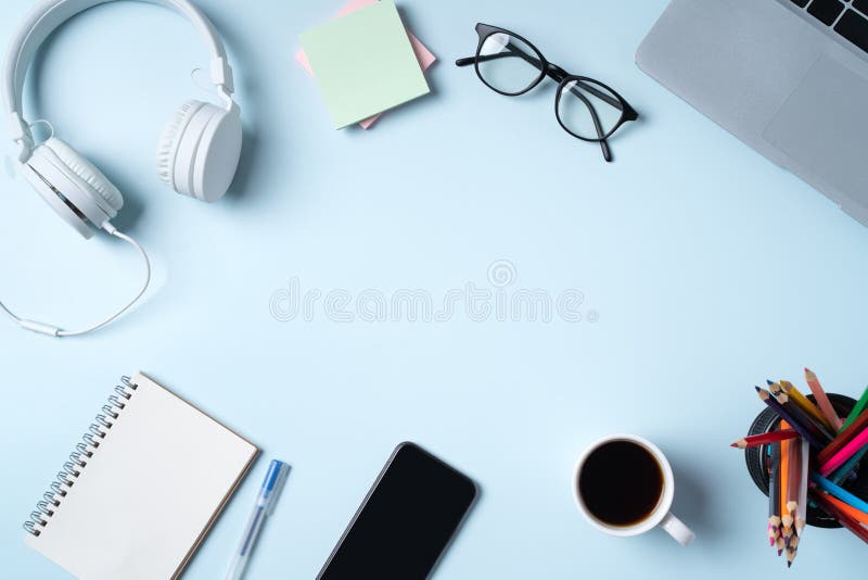 Online Learning Design Concept. Top View of Student Table with Computer ...