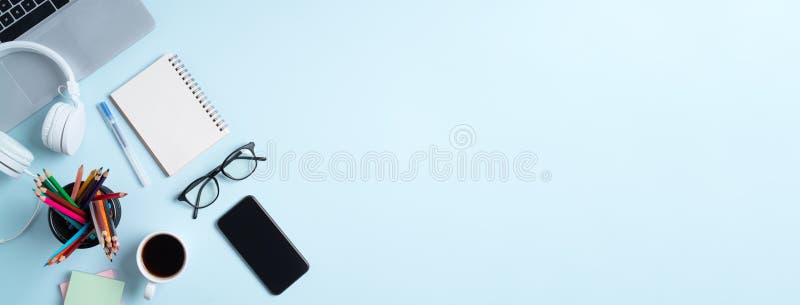 Online Learning Design Concept. Top View of Student Table with Computer ...