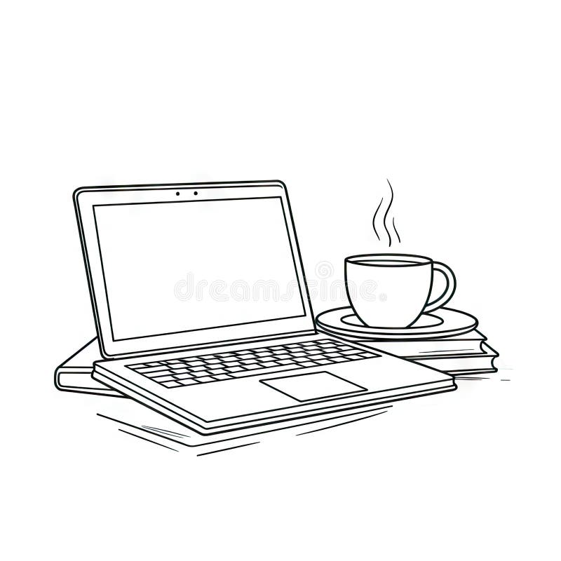 Online Learning Essentials: Laptop, Book, and Coffee Cup in a Continuous Line Drawing. Stock ...