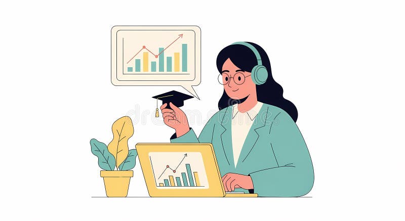 Online Learning with Graduation Cap and Woman Analyzing Business Data ...