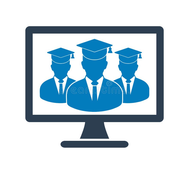 Online Learning Icon with Graduate Students on Computer Monitor. Flat ...