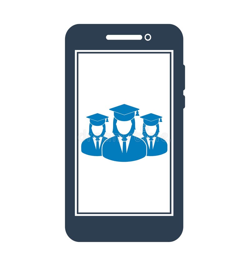 Online Learning Icon with Graduate Students on Mobile Screen Flat Style ...