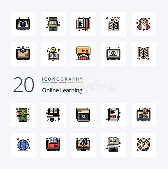 20 Online Learning Line Filled Color Icon Pack Like Globe Pdf Document ...