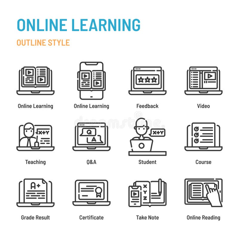 Online Learning in Outline Icon and Symbol Set Stock Vector ...