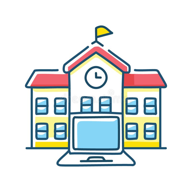 Online Learning School. Laptop in Front of School Building, Signifying ...