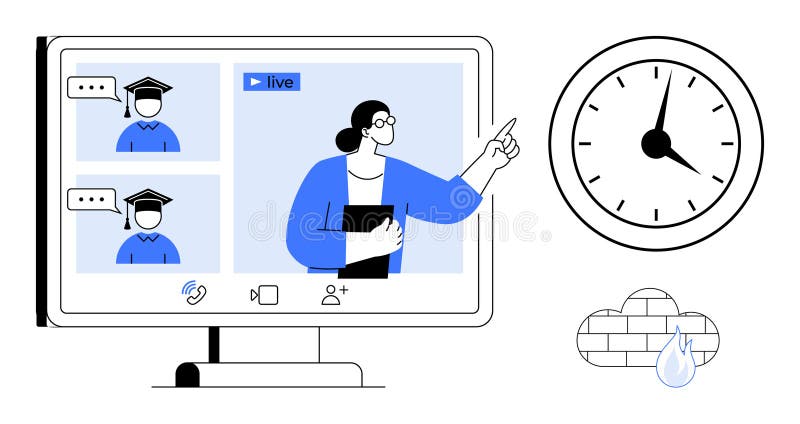 Online Learning Session with Virtual Teacher and Students on Screen ...