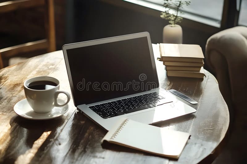 Online Learning Setup with a Laptop, Notebook, and Coffee, Minimalist ...