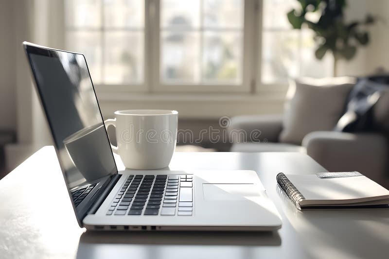 Online Learning Setup with a Laptop, Notebook, and Coffee, Minimalist ...