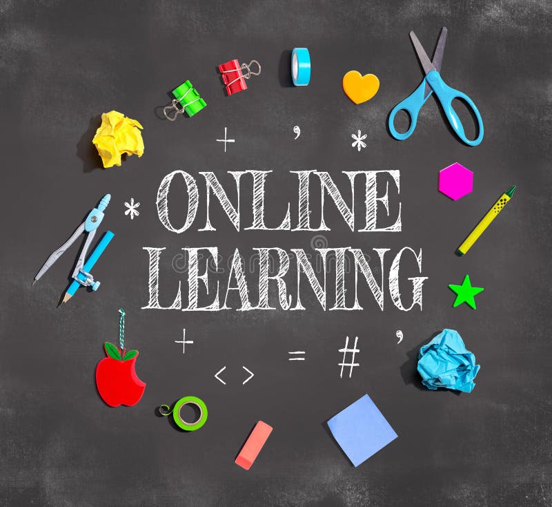 Online Learning Theme with School Supplies on a Chalkboard Stock Image ...