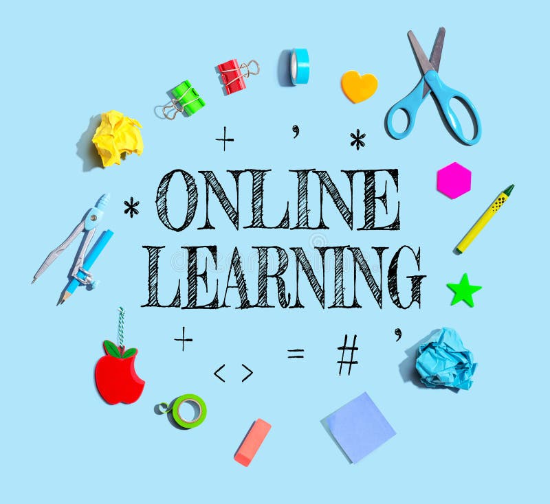 Online Learning Theme with School Supplies - Flat Lay Stock Image ...