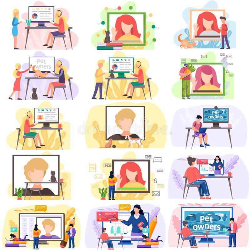 Online Learning, Videoconferencing Scenes Set. Video Call Chat ...