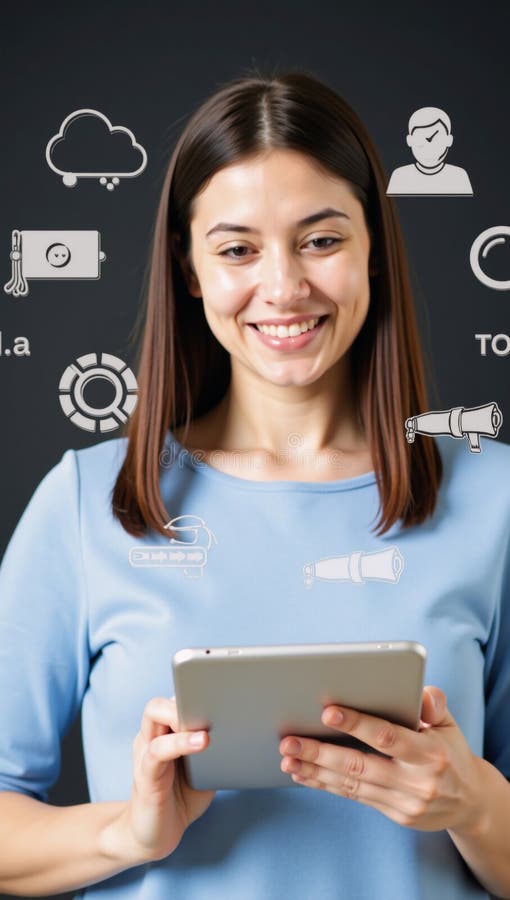 Online Learning Woman with Tablet Background Features Educational Icons ...