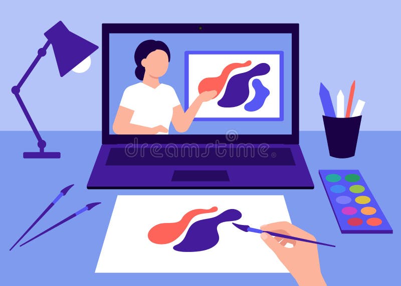 Online Lesson Learning To Draw on Laptop at Home. Workplace with ...