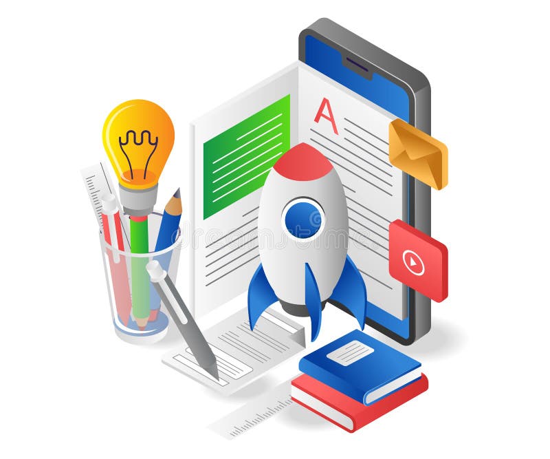 Online Lessons with Smartphone App in Flat Isometric Illustration ...