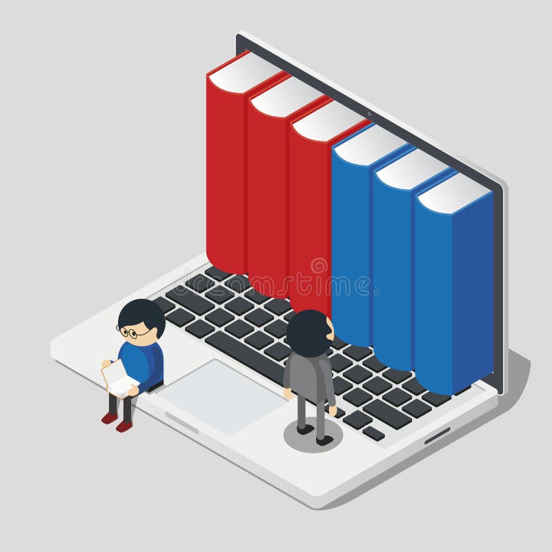 Online Library Concept with Little People Taking Books from Laptop ...