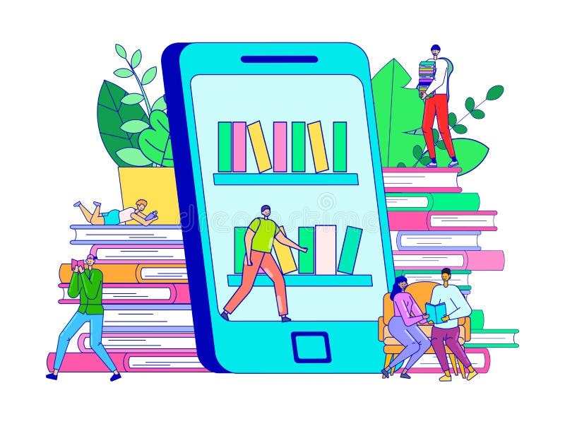 Online Library Concept, Tiny People Cartoon Characters Reading Books ... Online Library Concept, Tiny People Cartoon Characters Reading Books ...