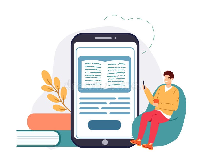 Online Library, Ebook Reading, Studying in Internet. Man Sitting on ...