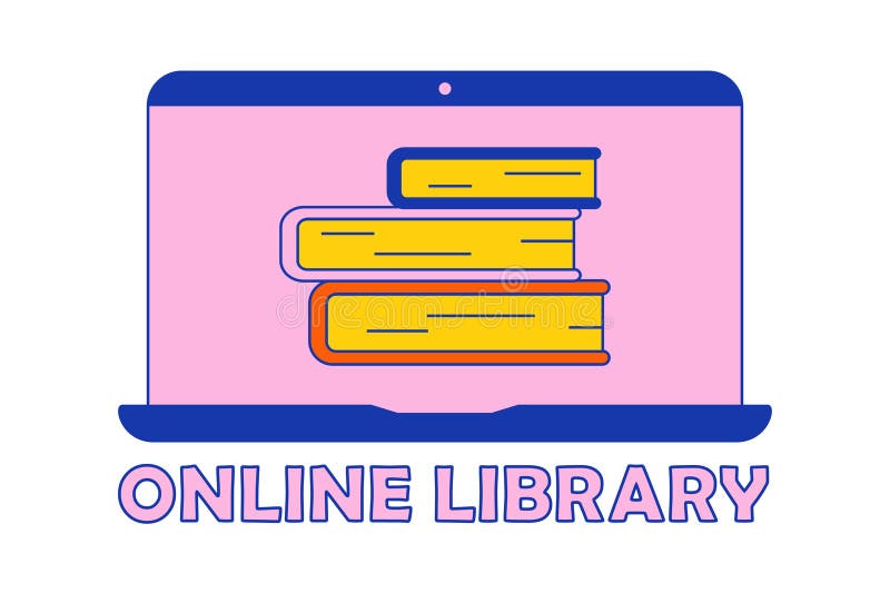 Online Library. Monitor with Stack of Books and Text. Learning, Reading ...