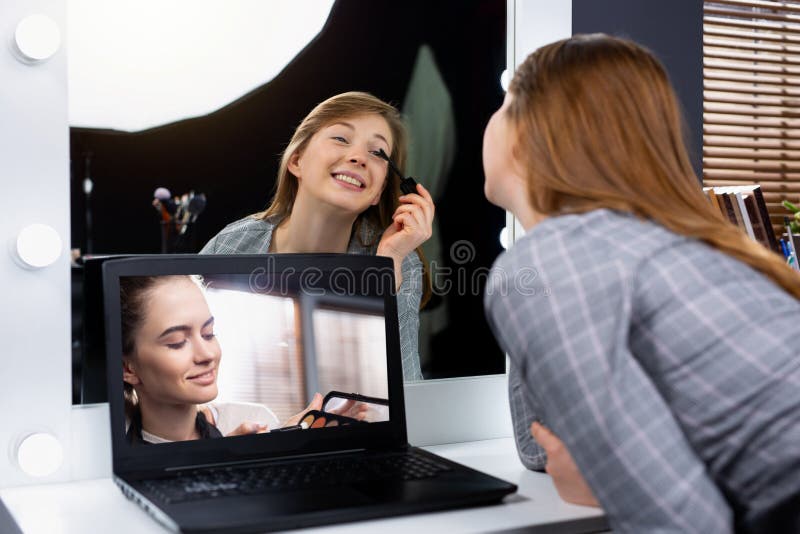 Online Makeup Tutorial. the Make-up Artist on the Laptop Screen, the ...