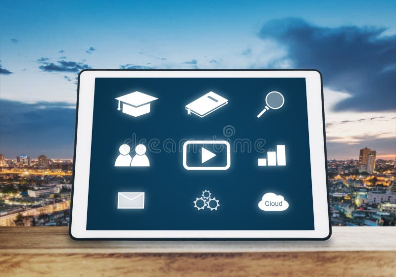 Online Media on Digital Tablet Device, on Wooden Table. Online Media ...