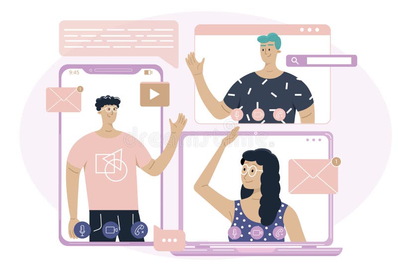 Online Meeting.Video Conference Landing. People on Computer and ...