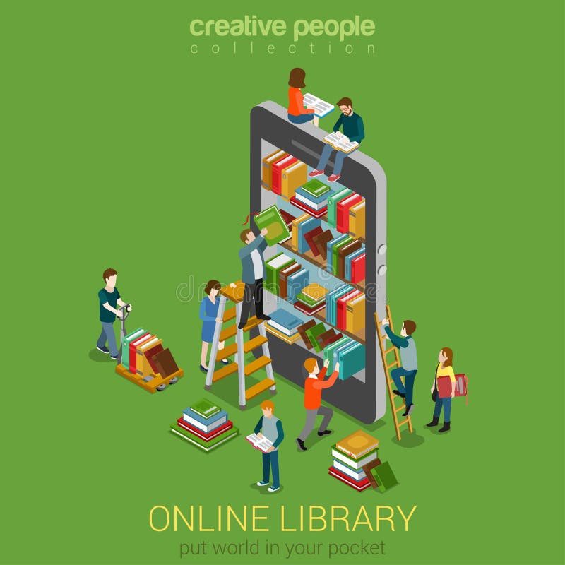 Online Mobile Library Micro People Isometric Concept Stock Vector ...