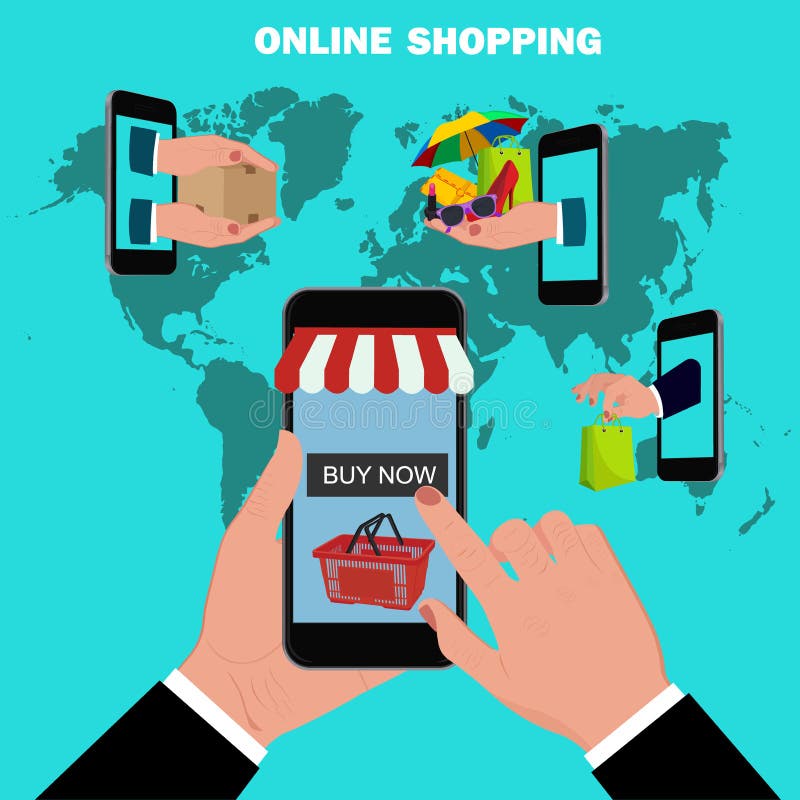 Online Mobile Shopping Concept, Flat Design, Vector Illustration Stock ...