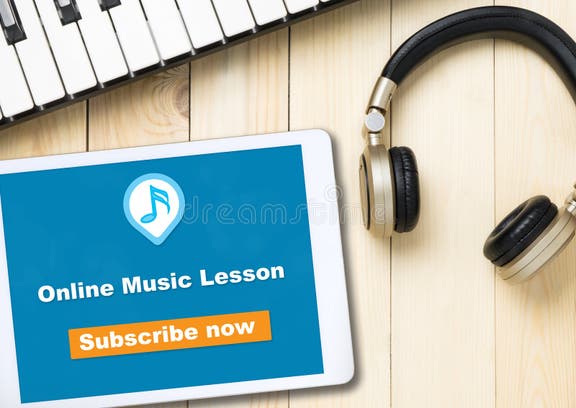 Online Music Lesson Banner on Table Stock Image - Image of computer ...