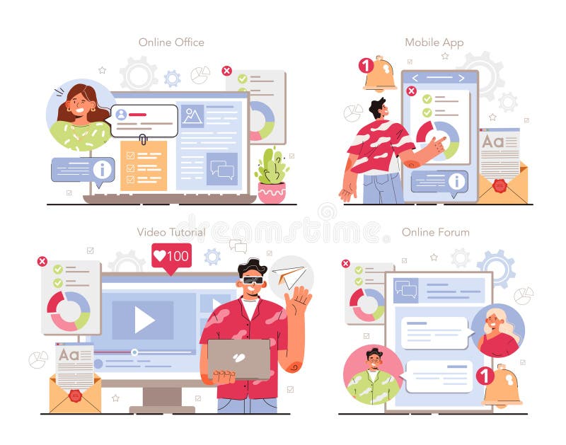 Online Office Online Service or Platform Set. Modern Virtual Office ...