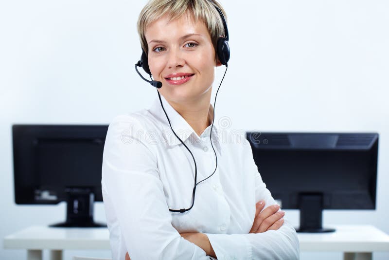 Laughing Phone Operator with Headset and Crossed Arms Stock Photo ...