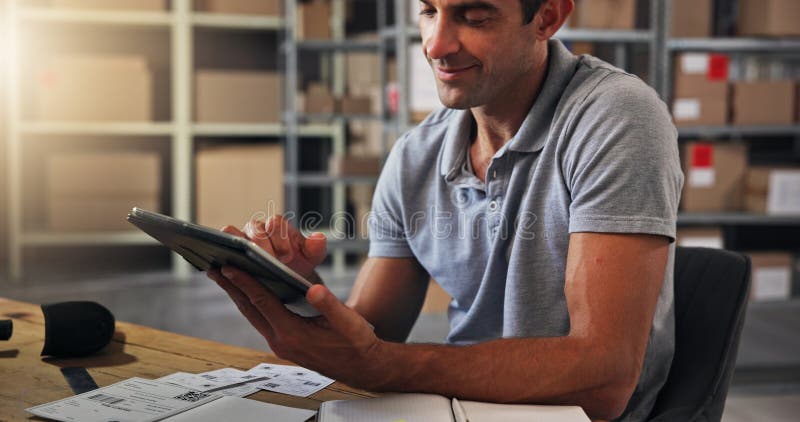 Online Order, Smile and Supply Chain with Man in Distribution Center ...