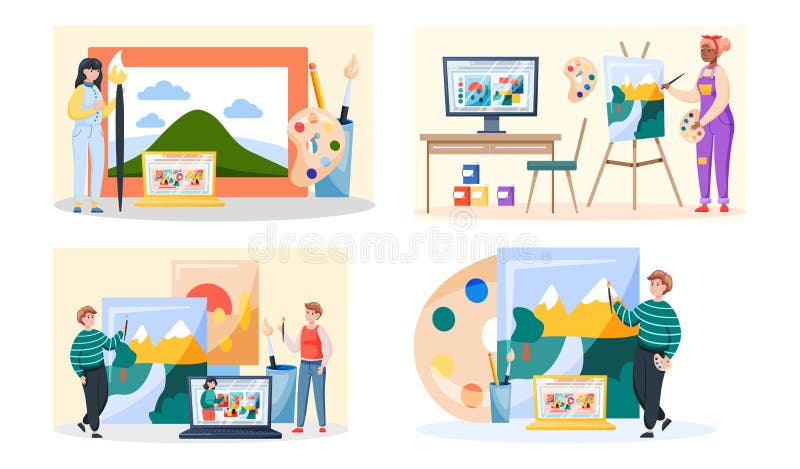 Online Painting Workshop Concept. Artist Creativity Process with Paint ...