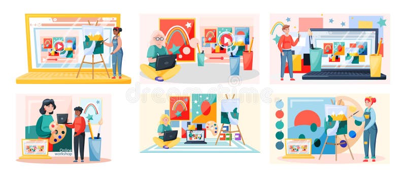 Online Painting Workshop Concept. Artist Creativity Process with Paint ...