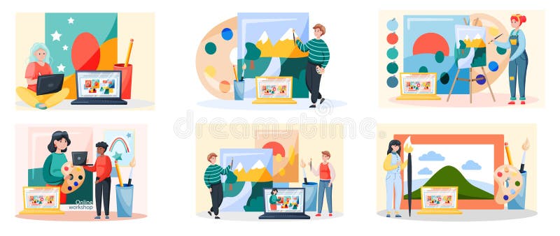 Online Painting Workshop Concept Scenes Set. Artist Creativity Process with Paint Distance ...
